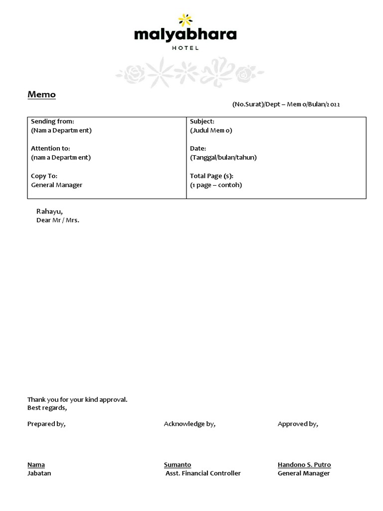 Template Memo (Internal Memo) Malyabhara Hotel Edit | PDF