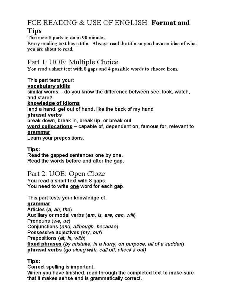 FCE Reading Format N Tips | PDF | Verb | Word