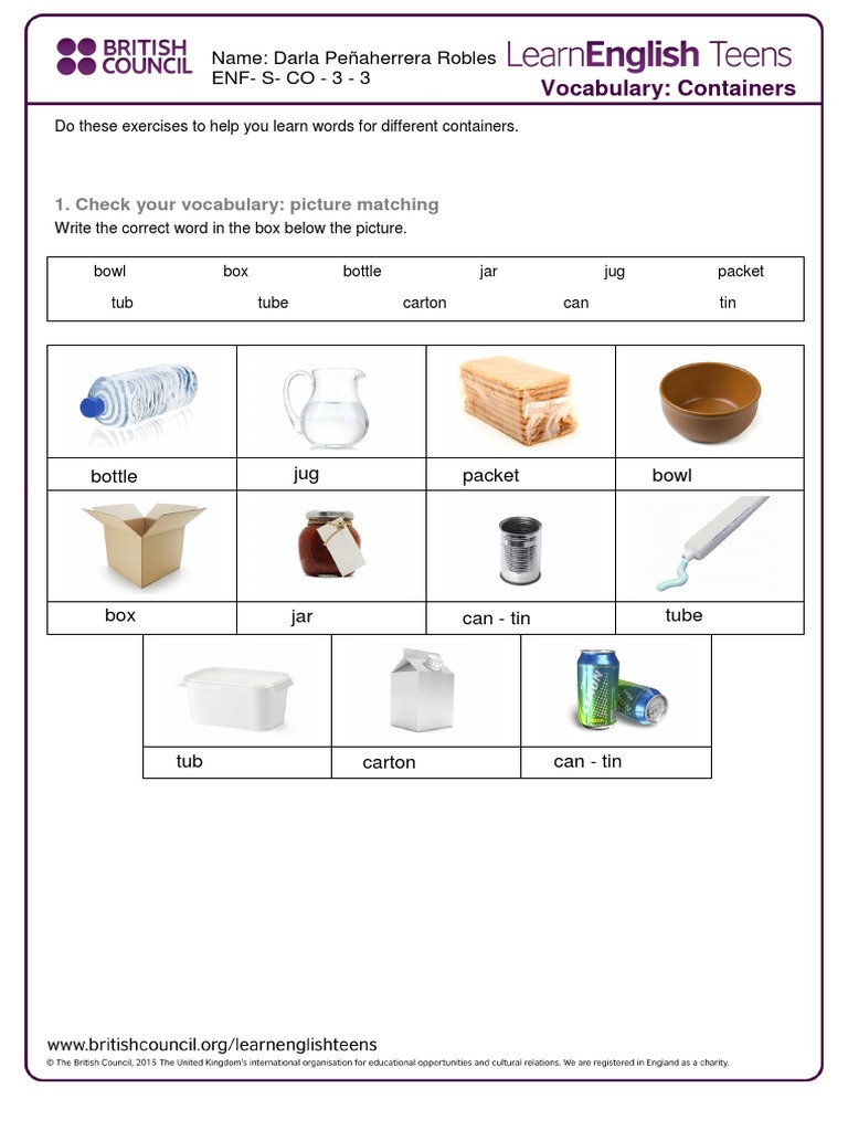 Containers Vocabulary Exercises | PDF | Food And Drink | Foods