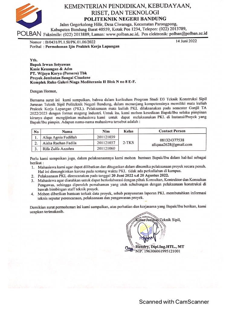 Surat Pengajuan PKL | PDF