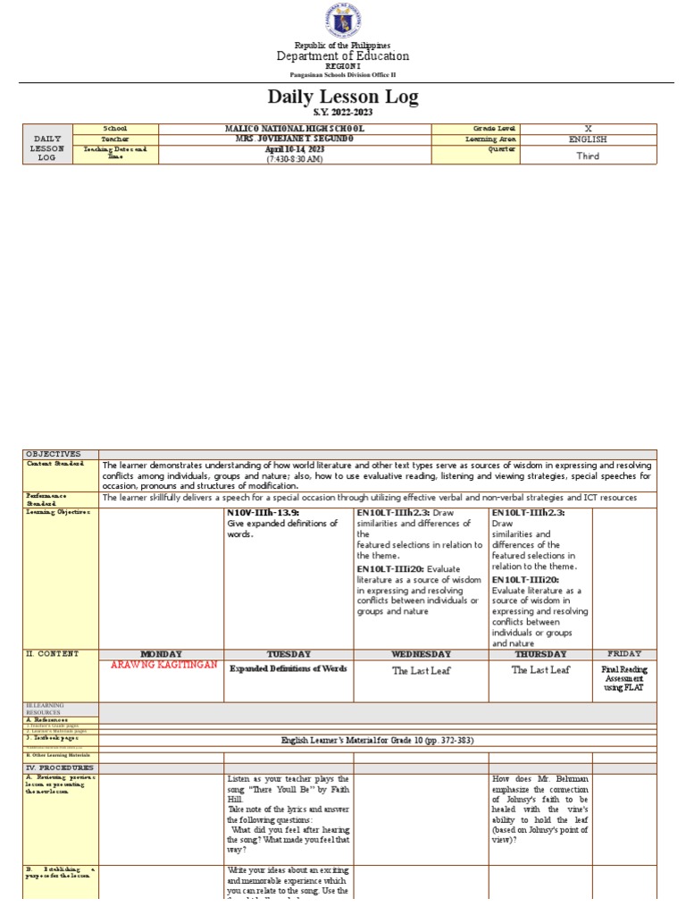DLL English 10-q4-1 | PDF | Learning | Teachers