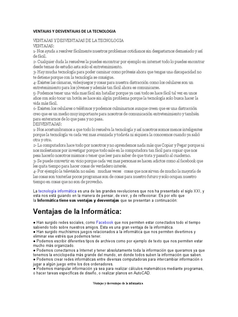 Ventajas y Desventajas de La Tecnologia | PDF | Enseñando | Maestros