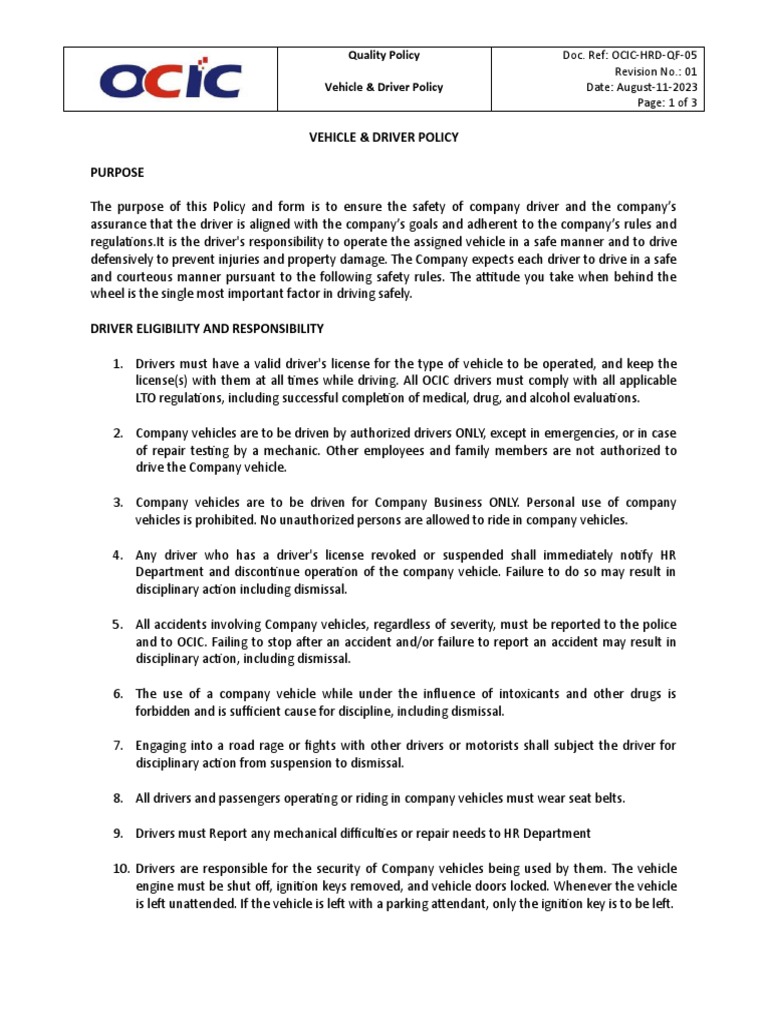 Vehicle Driver Policy | PDF | Traffic Collision | Driving Under The ...