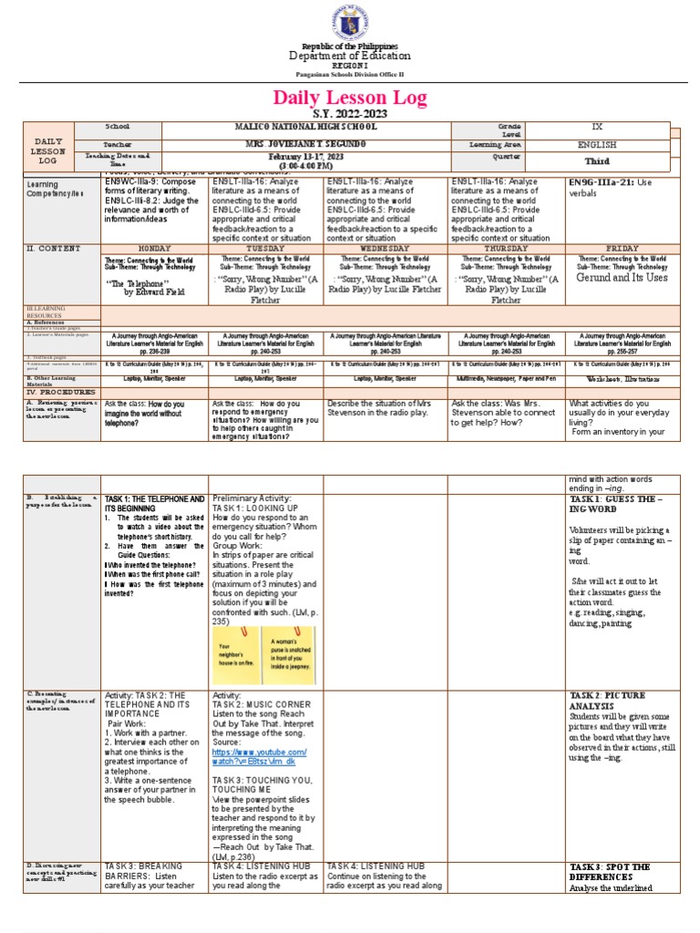 DLL English 9-q3-w1 | PDF | Learning | Emergency