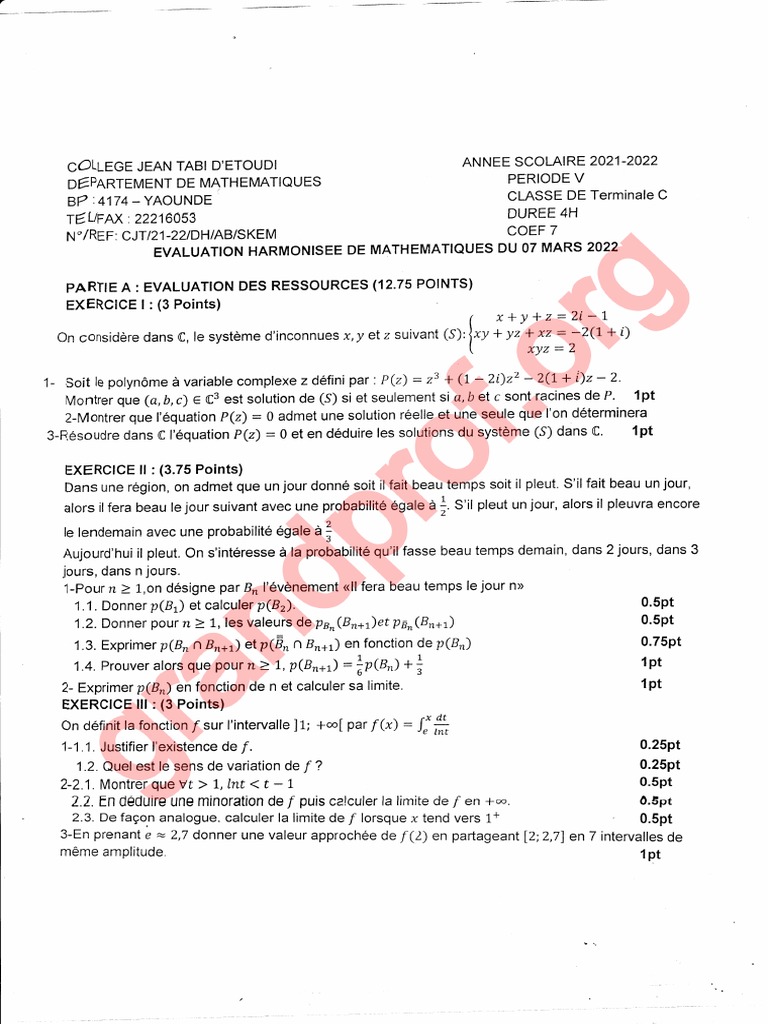Maths TleC Eval5 College Jean Tabi 2021 2022 | PDF