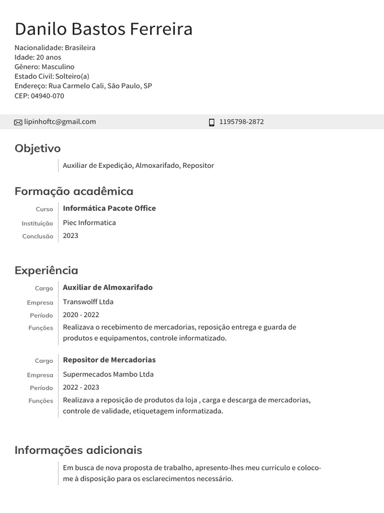 Danilo Bastos Ferreira - Currículo | PDF
