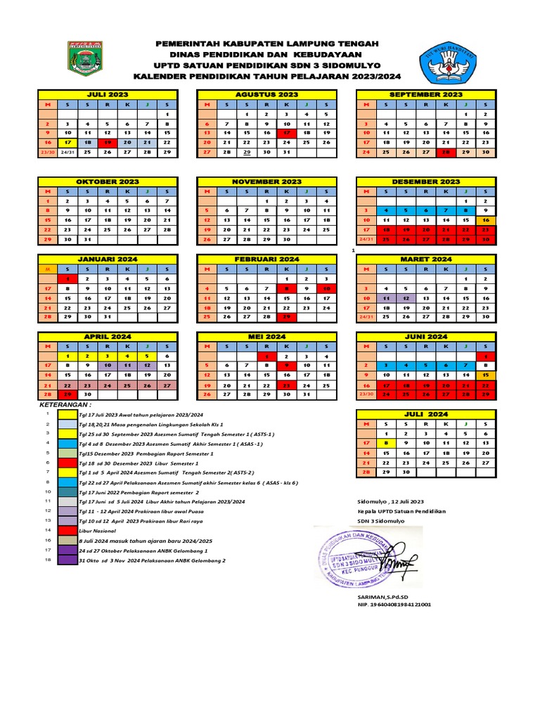 Kalender Pendidikan Tahun 2023-2024 SDN 3 Sidomulyo | PDF