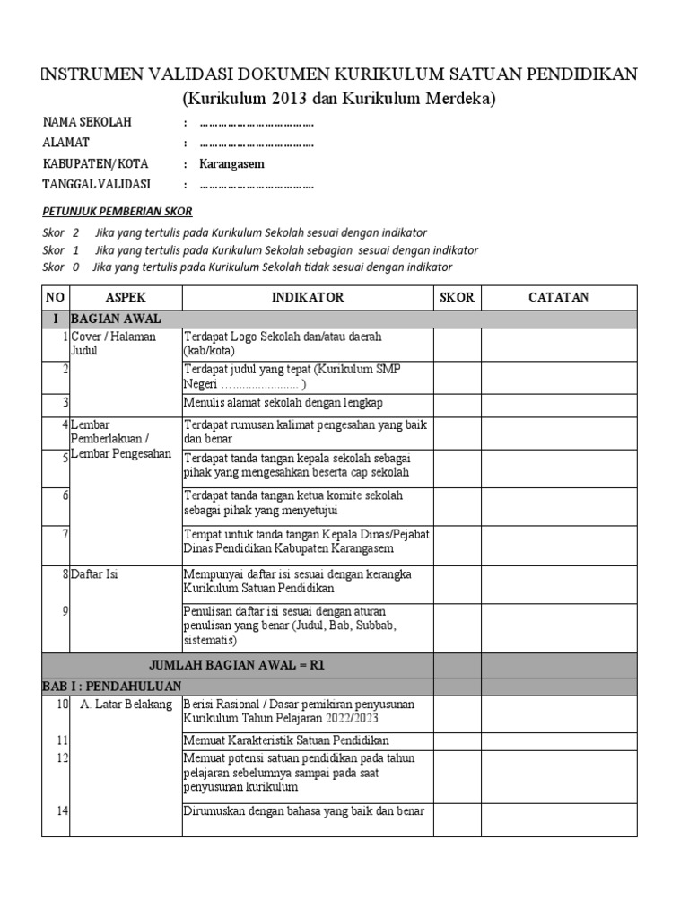 Instrumen Validasi Kurikulum 2022 2023 Dirga | PDF
