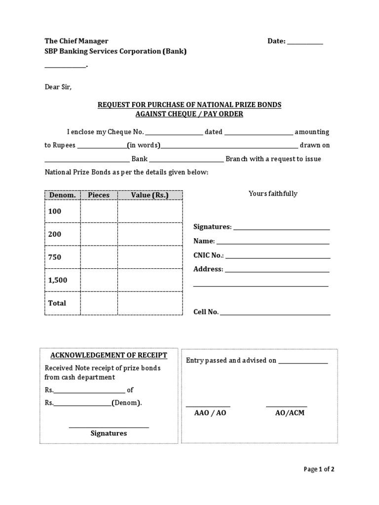 National Prize Bond Purchase Request Form | PDF | Cheque | Banks