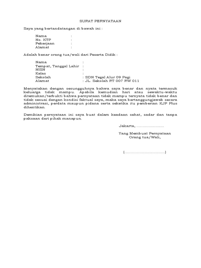 Surat Pernyataan KJP Plus | PDF