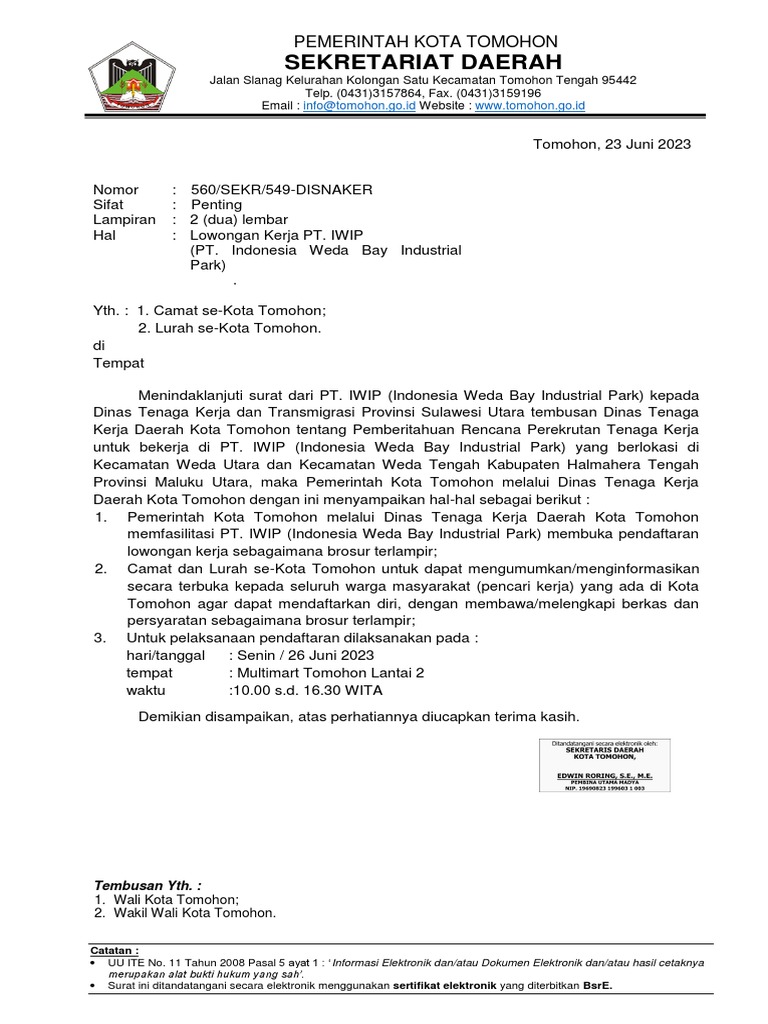 Surat Lowongan Kerja Pt. Iwip - Signed | PDF | Sains & Matematika