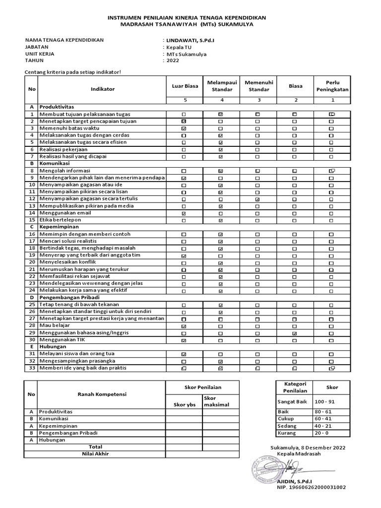 Dokumen Penilaian Kinerja Tenaga Kependidikan Berupa Format Penilaian ...