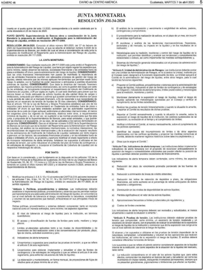 Resolución JM-34-2020 Reglamento de Liquidez Modificaciones | PDF | Economias | Dinero