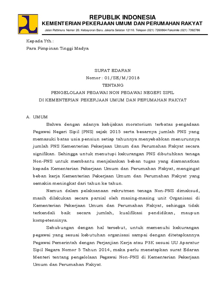 SE No. 01-2018 Pengelolaan Non PNS PUPR | PDF