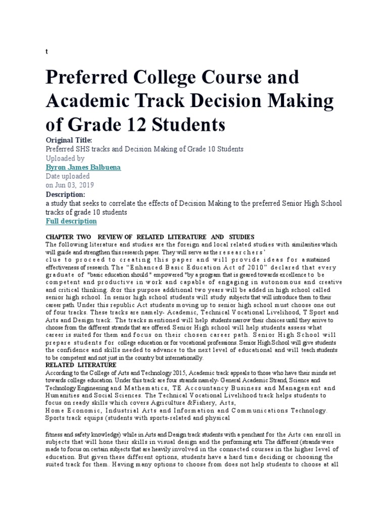 Preferred SHS Tracks and Decision Making of Grade 10 Student DENIEL ... Preferred SHS Tracks and Decision Making of Grade 10 Student DENIEL ...