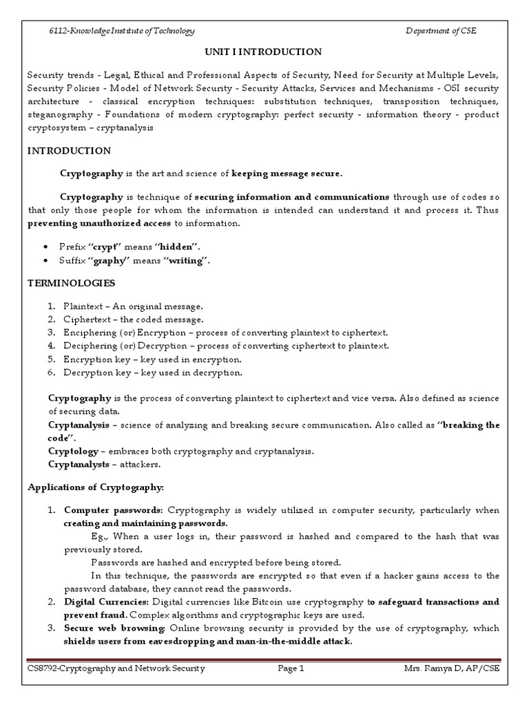 Cns-Unit I Introduction | PDF | Cryptography | Public Key Cryptography