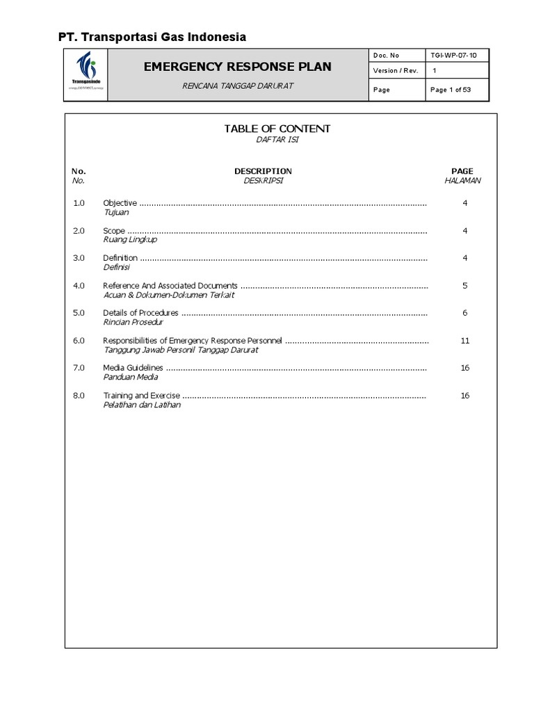 Content Rev 1 HSE TGI-PL-07-10 Emergency Response Plan1 (Rev-01) | PDF