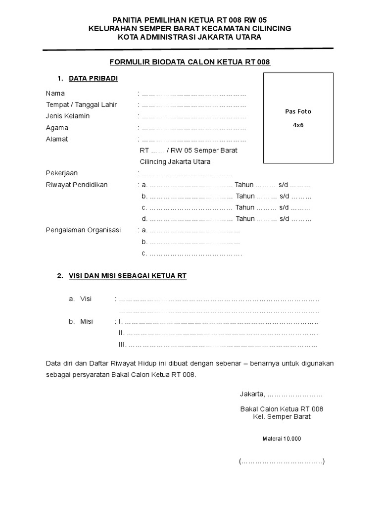 Formulir Biodata Calon Ketua RT 008 | PDF