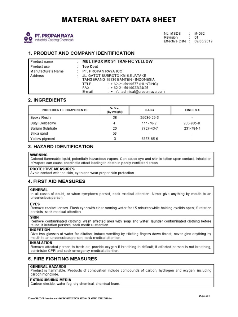 MSDS Multipox MX-94 Traffic Yellow | PDF | Combustion | Firefighting