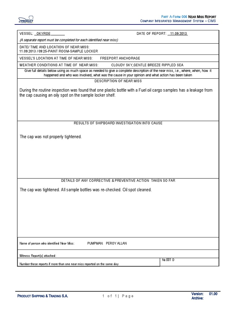 1 Form A 006 Near Miss Report | PDF