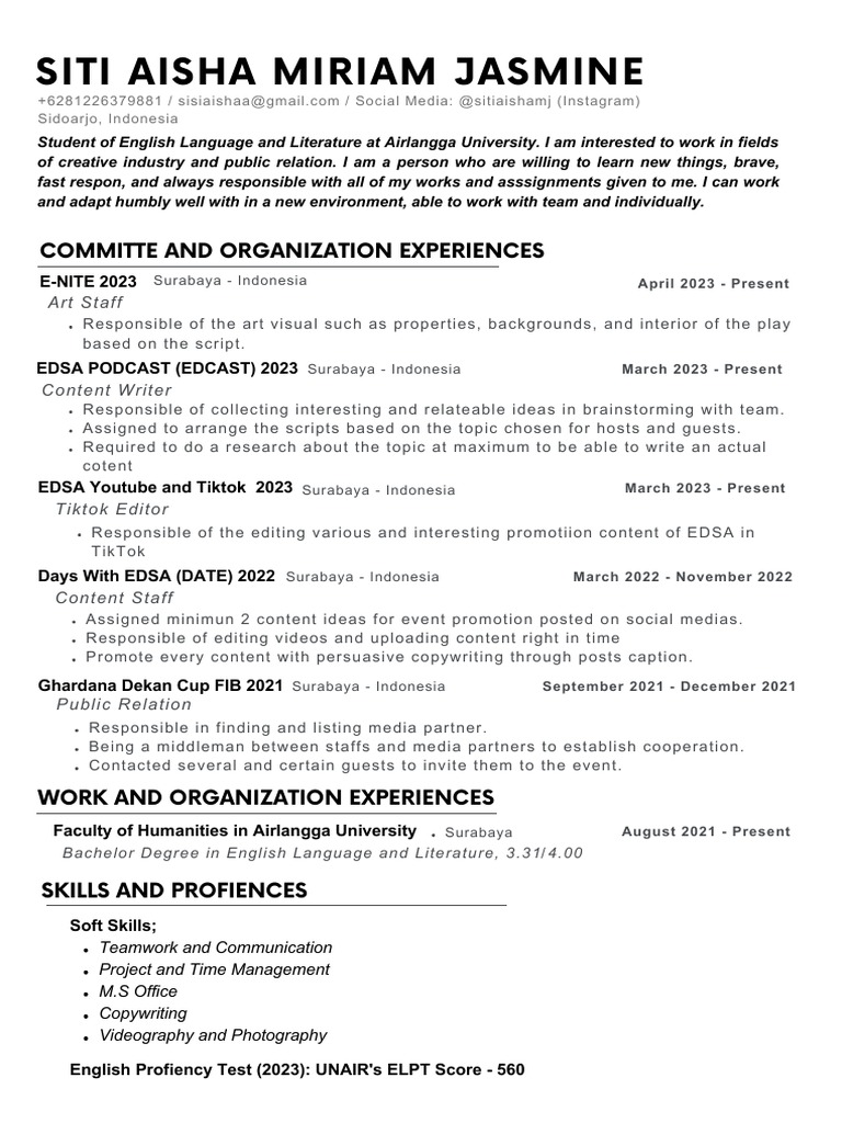 Siti Aisha Miriam Jasmine-122111233182-CV | PDF | Human Communication | Mass Media