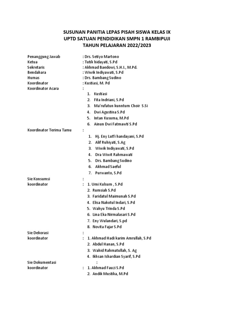 Susunan Panitia Lepas Pisah Siswa Kelas Ix | PDF