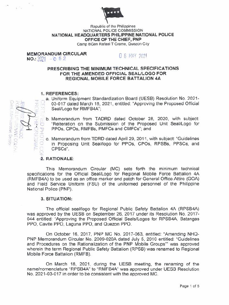 PNP Memorandum Circular No 2021 052 | PDF