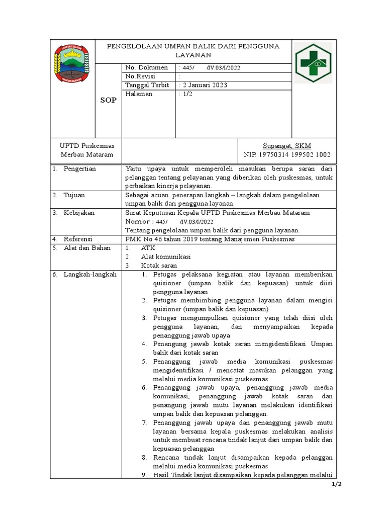 1.1.2. EP.D.2. SOP PENGELOLAAN UMPAN BALIK DARI PENGGUNA LAYANAN New | PDF