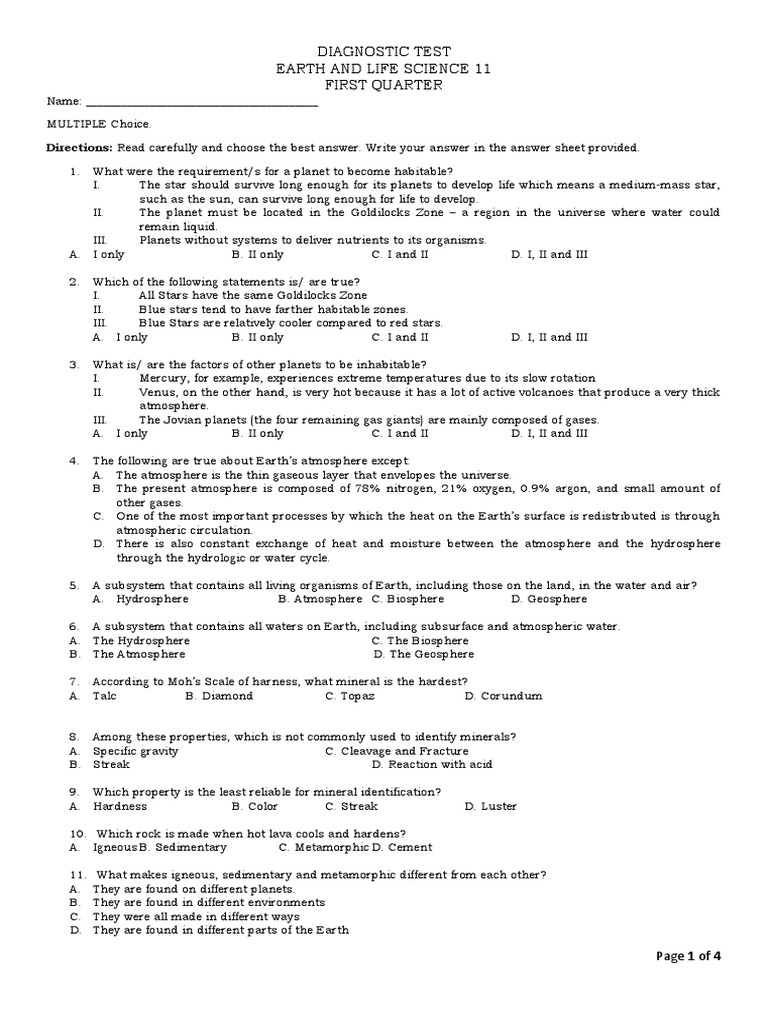 Earth and Life Science Diagnostic Test | PDF | Rock (Geology) | Magma
