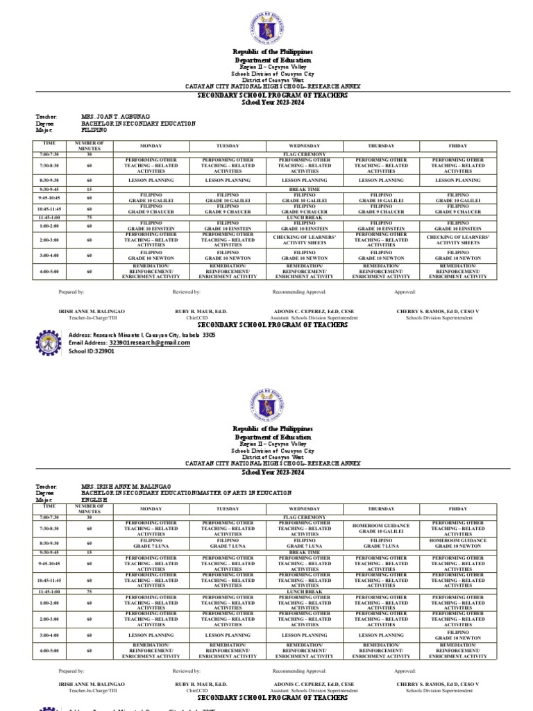 SCHED BY TEACHERS Revised 1 | PDF | Educational Institutions | Philippines