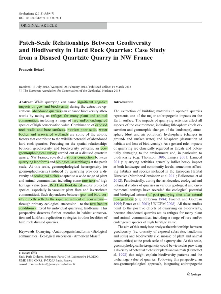 Patch-Scale Relationships Between Geodiversity and Biodiversity in Hard ...