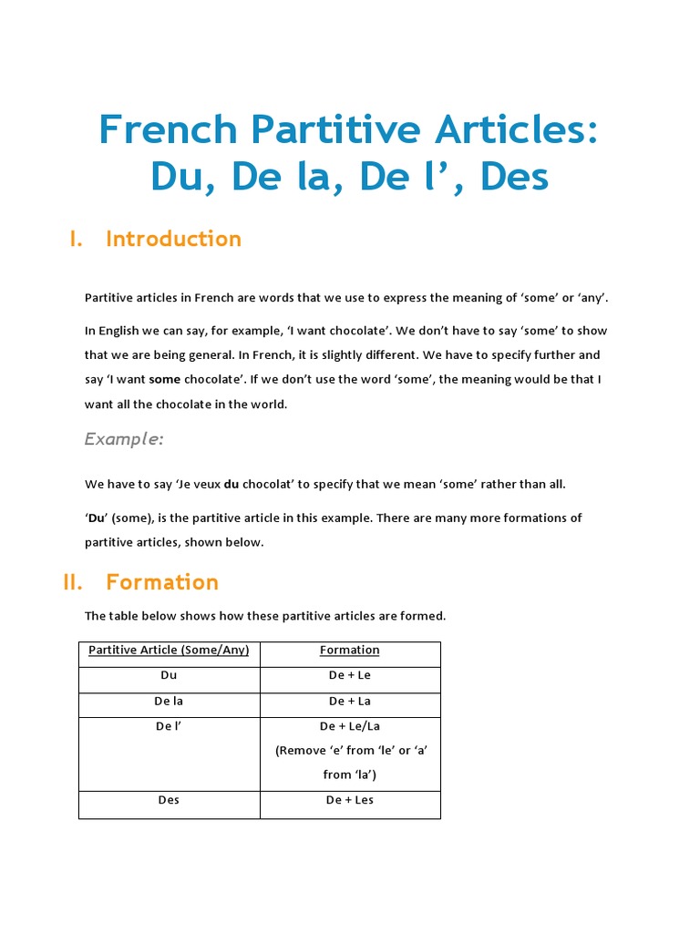 French Partitive Articles: Du, de La, de L', Des: Example | PDF ...