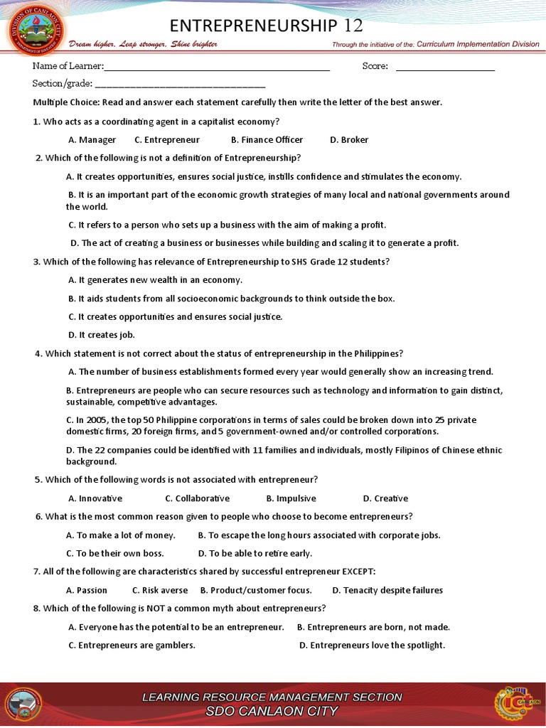 Diagnostic Test TVL-CSS-12 | PDF | Entrepreneurship | Marketing