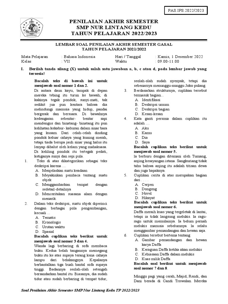 Soal Pas B.indo Kelas 7 | PDF