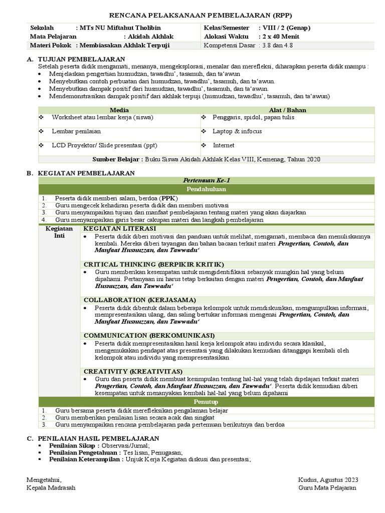 8.1 RPP II Akidah Akhlak VIII | PDF