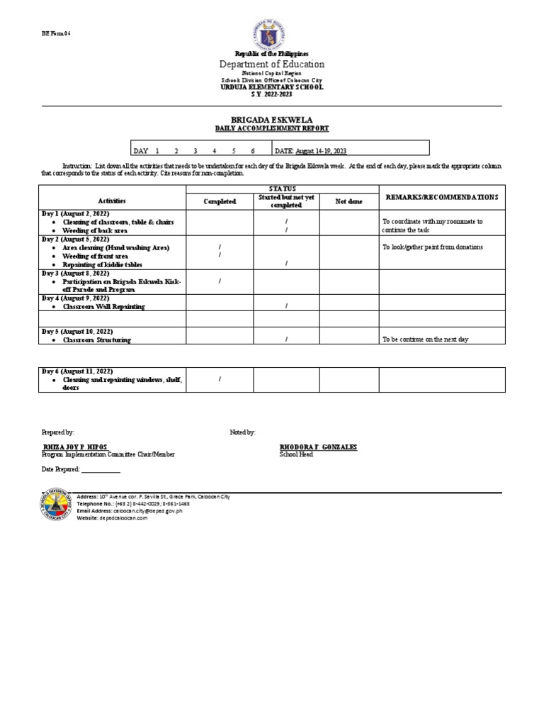 Be Form 6 Daily Accomplishment Report | PDF