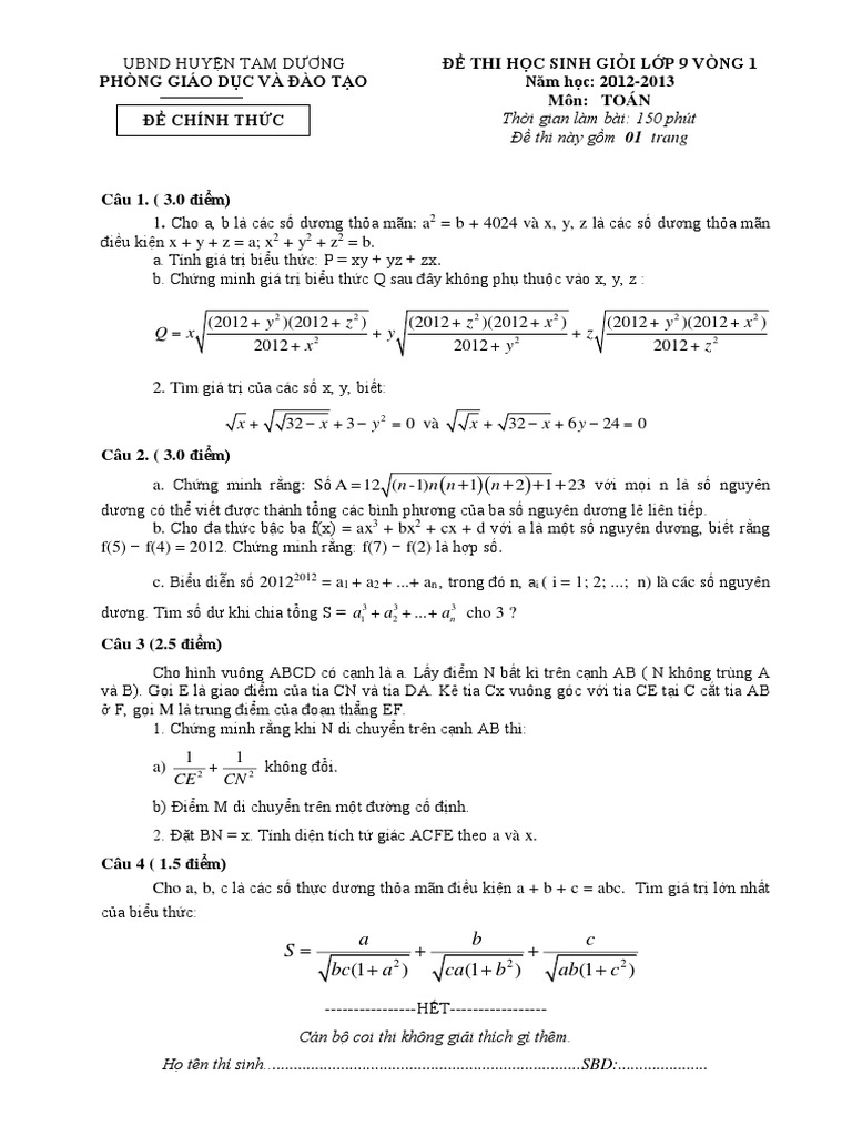 DE TH HSG Toan 9 Vong 1 | PDF