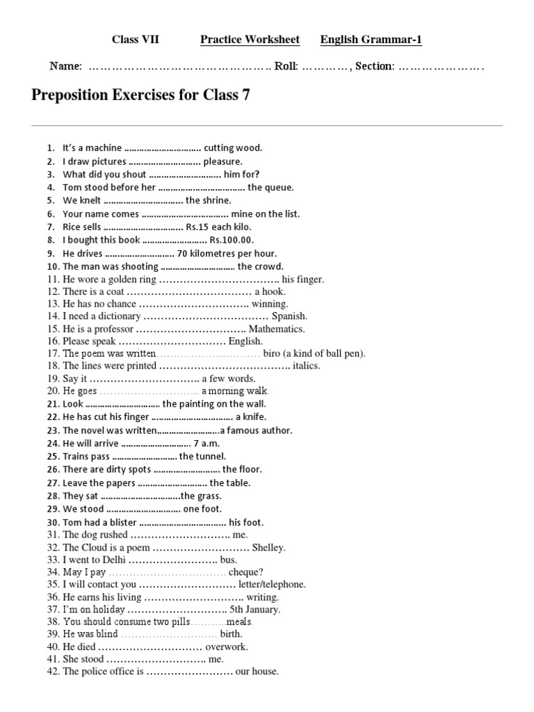 Class 7 Preposition Practice Worksheet | PDF