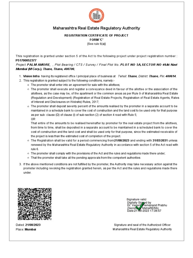 Maharashtra Real Estate Regulatory Authority: Registration Certificate ...