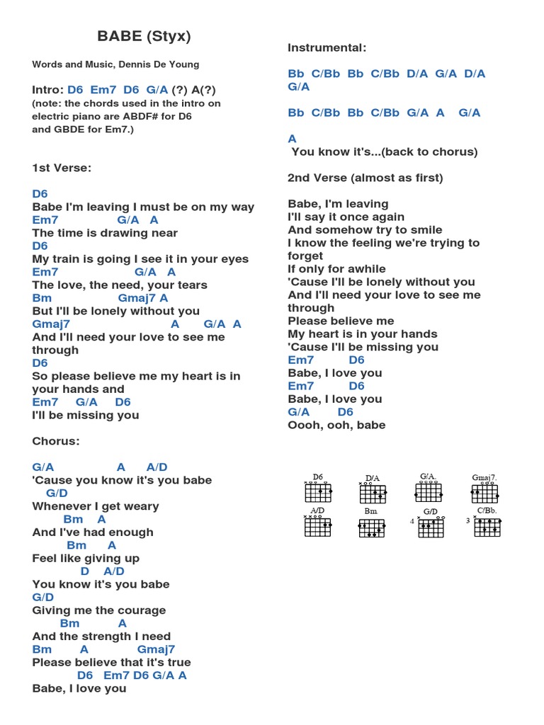 BABE -Styx -Organ and Guitar Chords | PDF