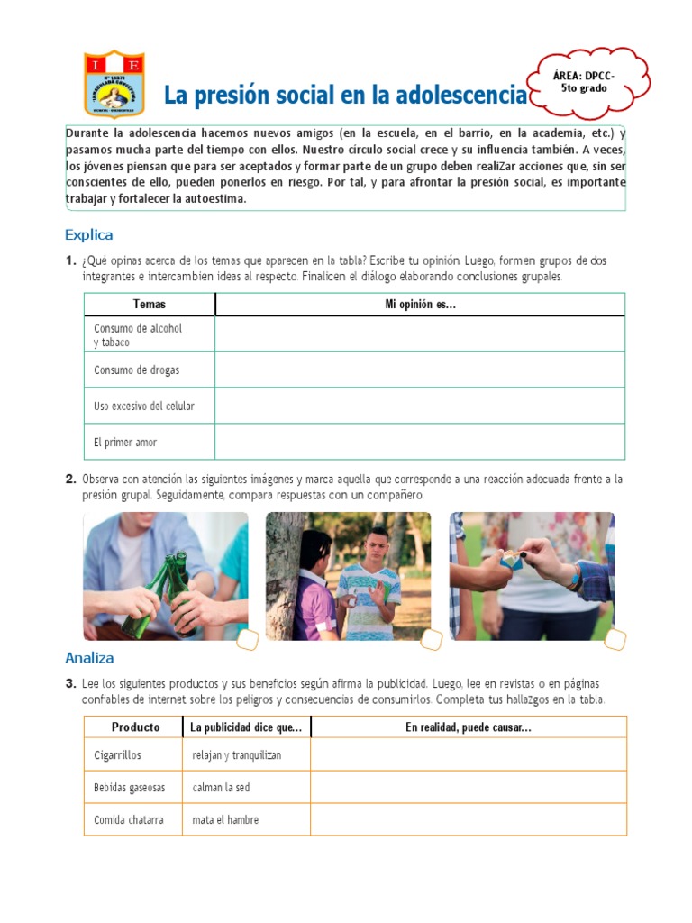 FICHA SESION 4 DPCC-La Presión Social en La Adolescencia | PDF | Relaciones personales, crianza ...
