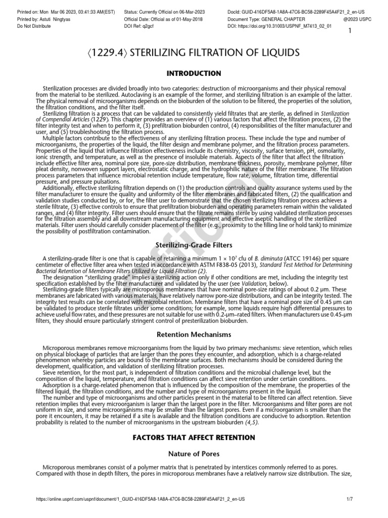 Usp-Nf (1229.4) Sterilizing Filtration of Liquids | PDF | Filtration ...