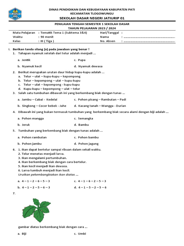 SOAL PTS KELAS 3 TEMA 1 Bagian 2 | PDF | Griya & Taman
