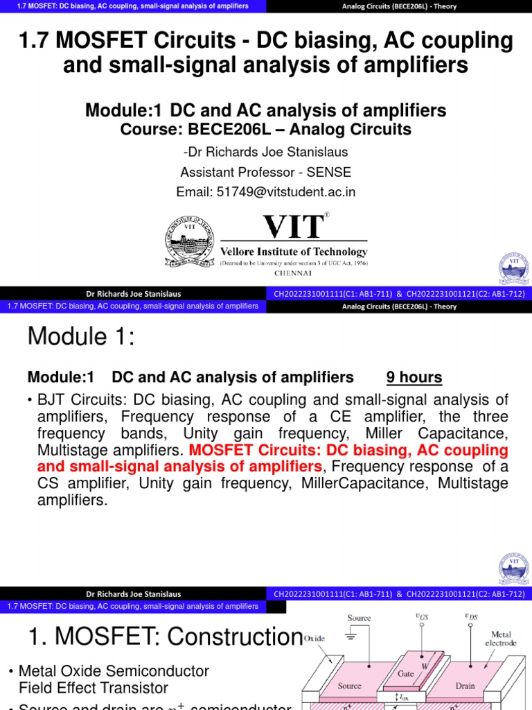 AE - 1.7 MOSFET Circuits - DC Biasing, AC Coupling and Small-Signal Analysis of Amplifiers | PDF ...