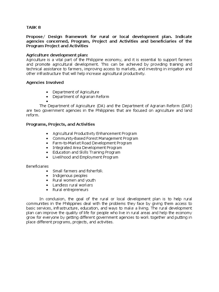 Propose Design Framework For Rural or Local Development Plan. Indicate ...