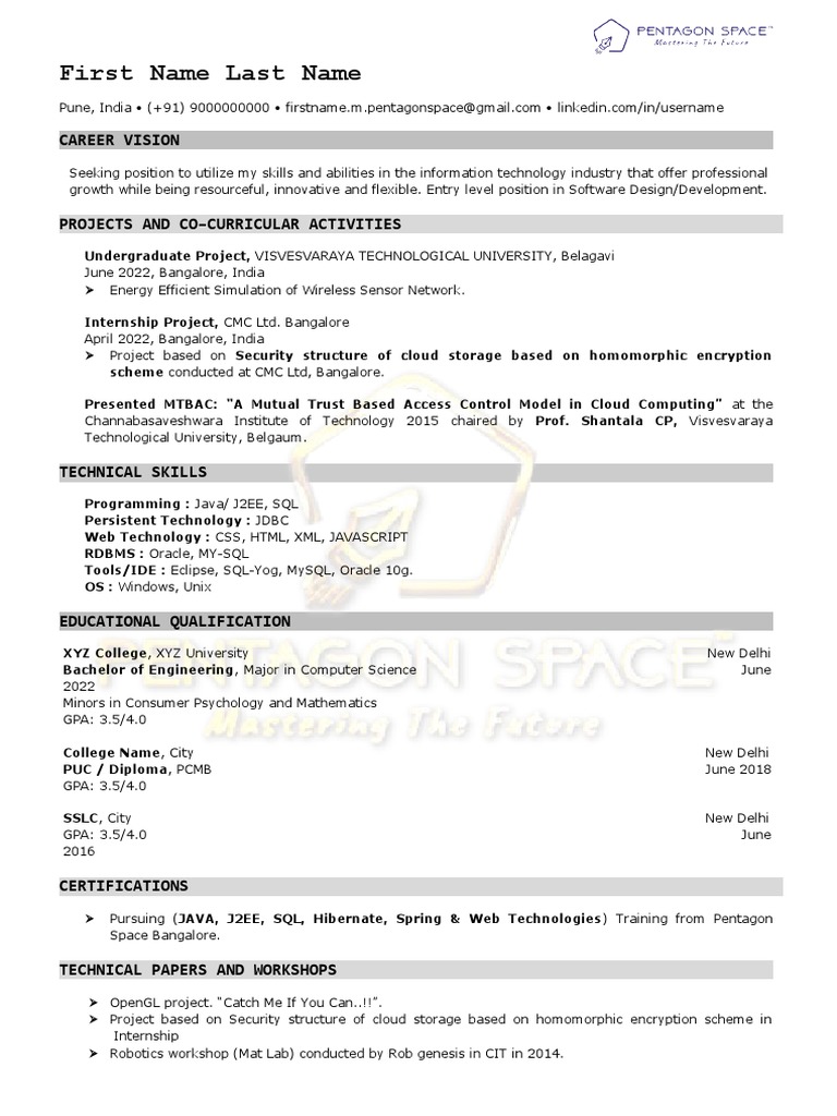 1737145-PentagonSpace Resume Format (JAVA) | PDF | Data Management | Computer Programming
