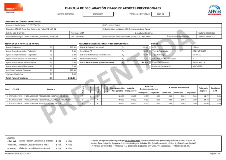 Modelo Reporte Planilla AFP PRIMA | Descargar gratis PDF | Beneficios ...
