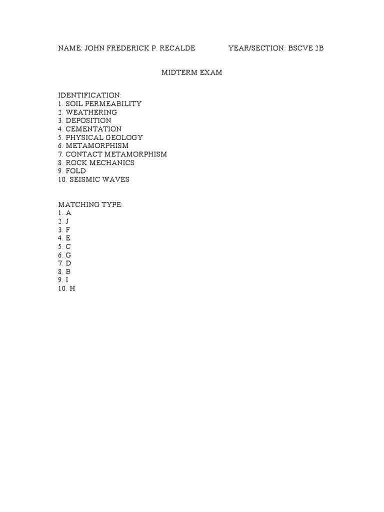 Midterm Exam in Geology - Recalde - Bscve 2b | PDF