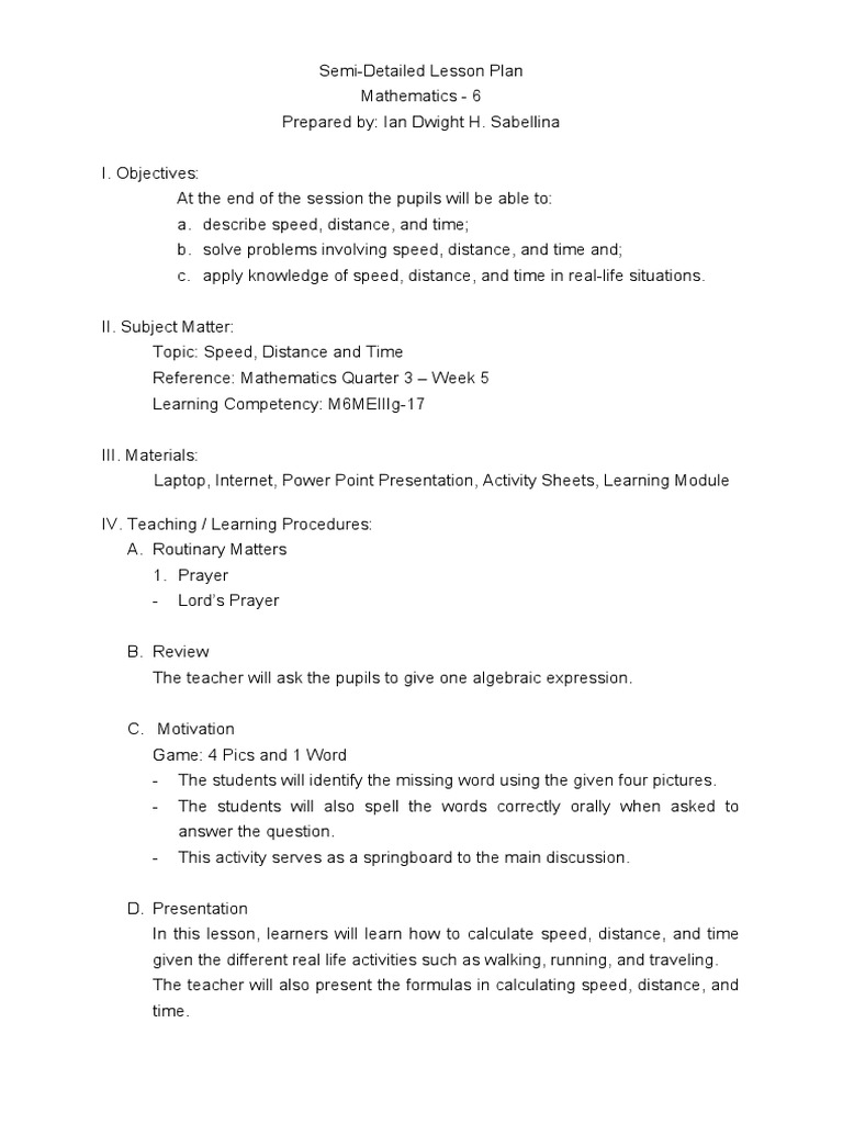 Semi-Detailed Lesson Plan MATH SPEED DISTANCE TIME | PDF | Speed ...