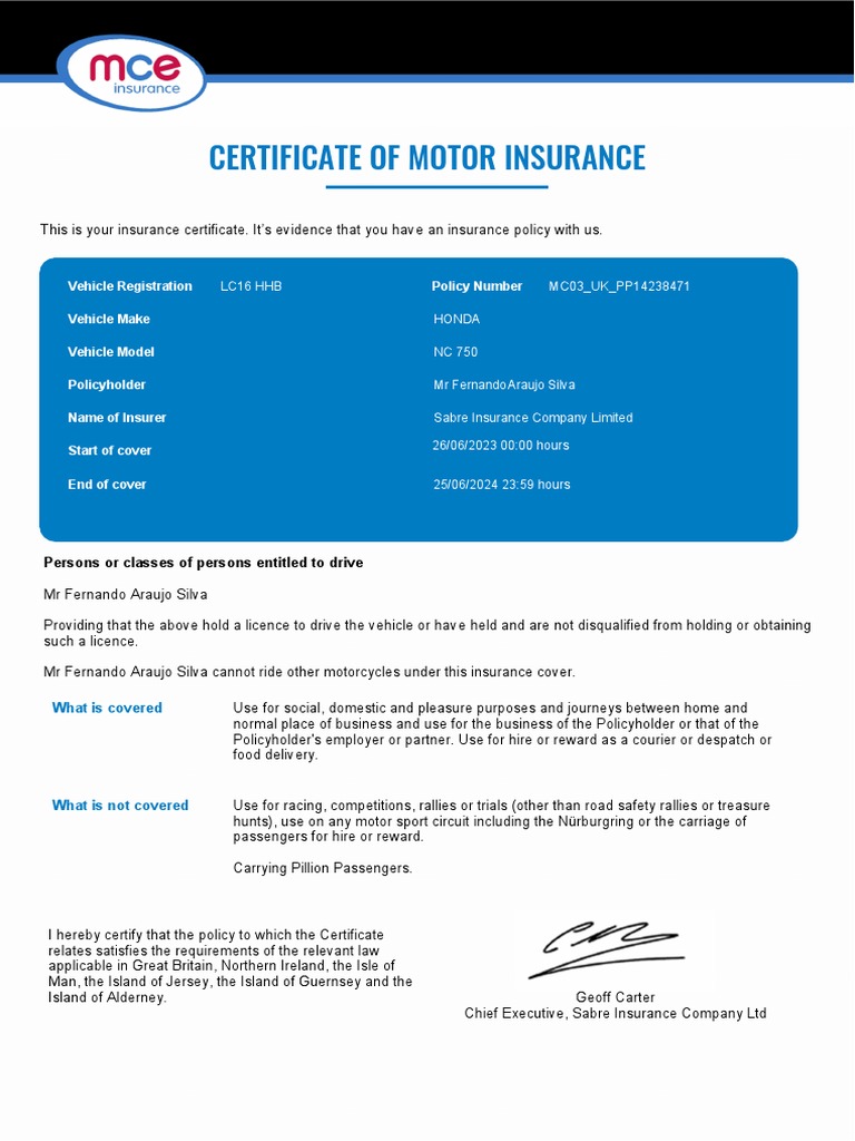 Uber Eats Motor Insurance Certificate | PDF | Vehicle Insurance | Transport